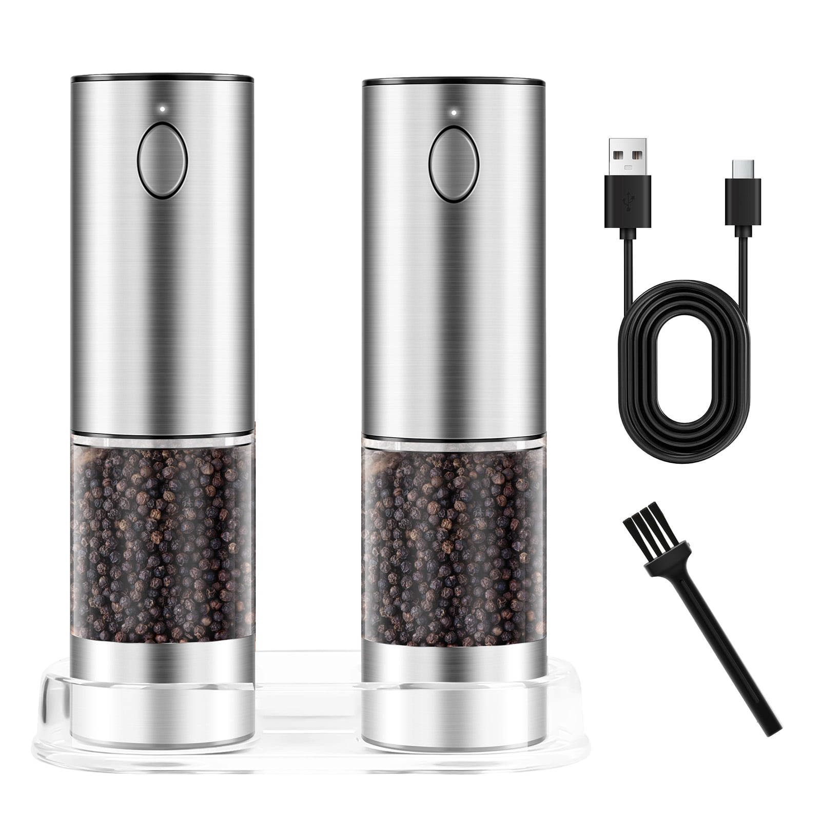 2 Pcs Electric Salt and Pepper Grinder Set USB Rechargeable with Adjustable Coarseness Stainless ...