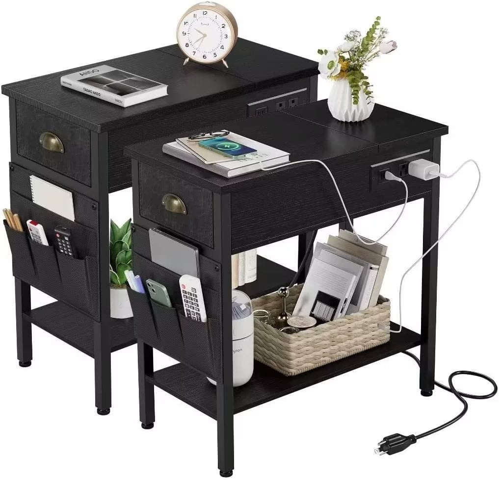 2 Pcs End Tables with Charging Station, Side Table with USB Ports and ...