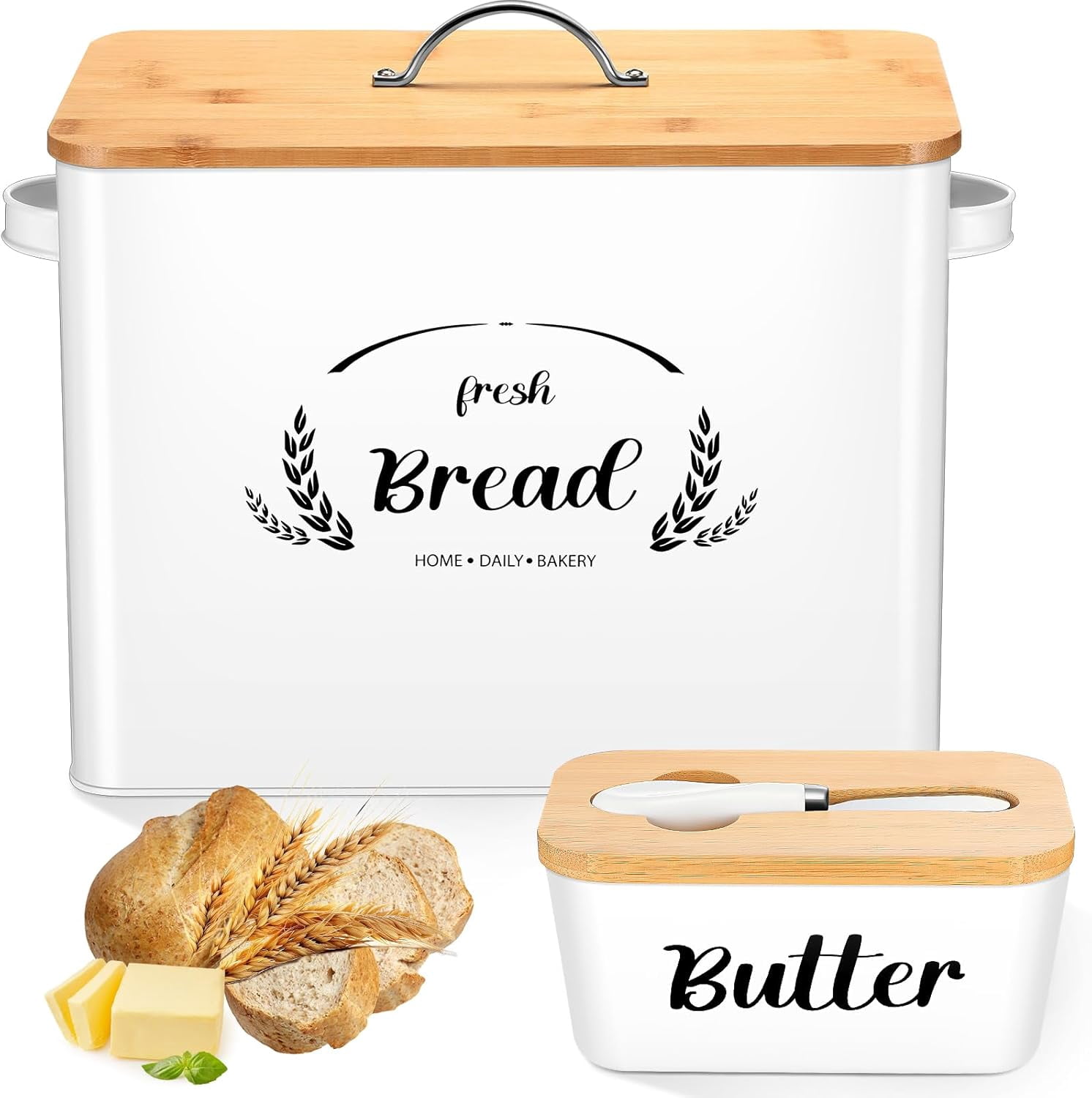 2 Pcs Extra Large Bread Box and Butter Dish with Bamboo Lid, Metal ...