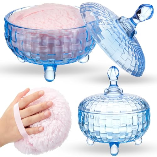 2 Pcs Extra Large Dusting Powder Puff and Container for Women-6'' Glass ...