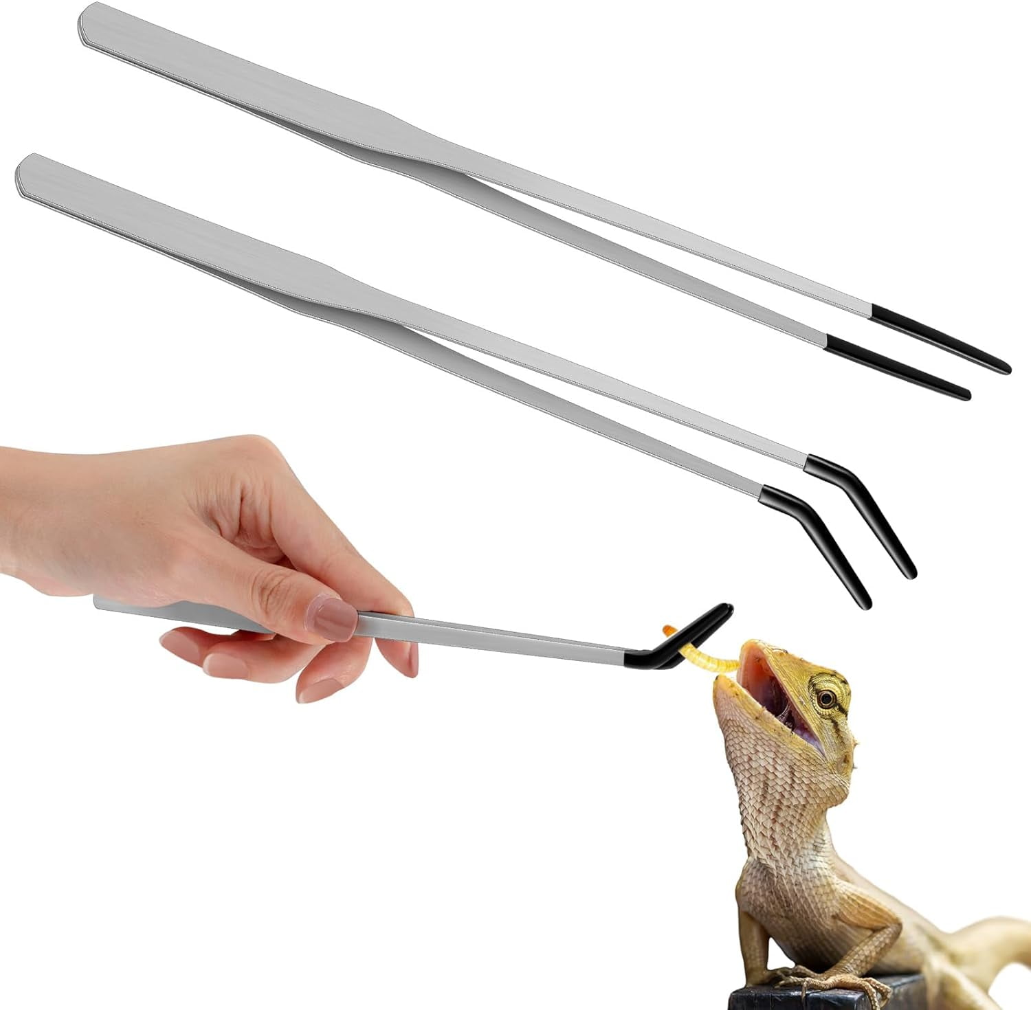 2 Pcs Extra Long Stainless Steel Reptile Feeding Tongs with Rubber Tip ...