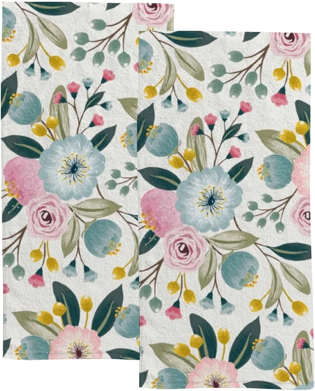 2 Pcs Face Bath Towels Set Floral Pattern with Spring Flowers ...