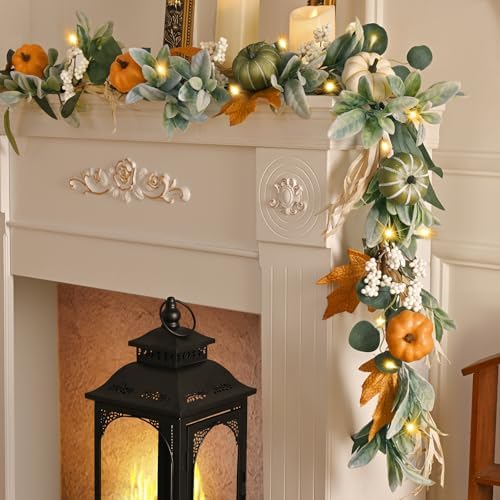 2 Pcs Fall Garland for Mantel, 6 FT Fall Garland with Light, Pumpkin ...