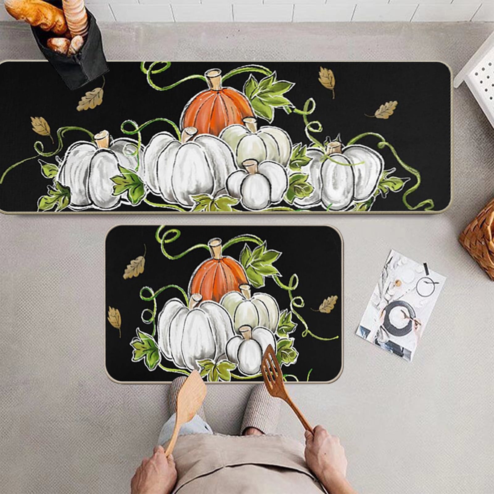 2 Pcs Fall Kitchen Rugs and Mats Set,Fall Farmhouse Non Slip Doormat Thanksgiving Pumpkin Maple ...