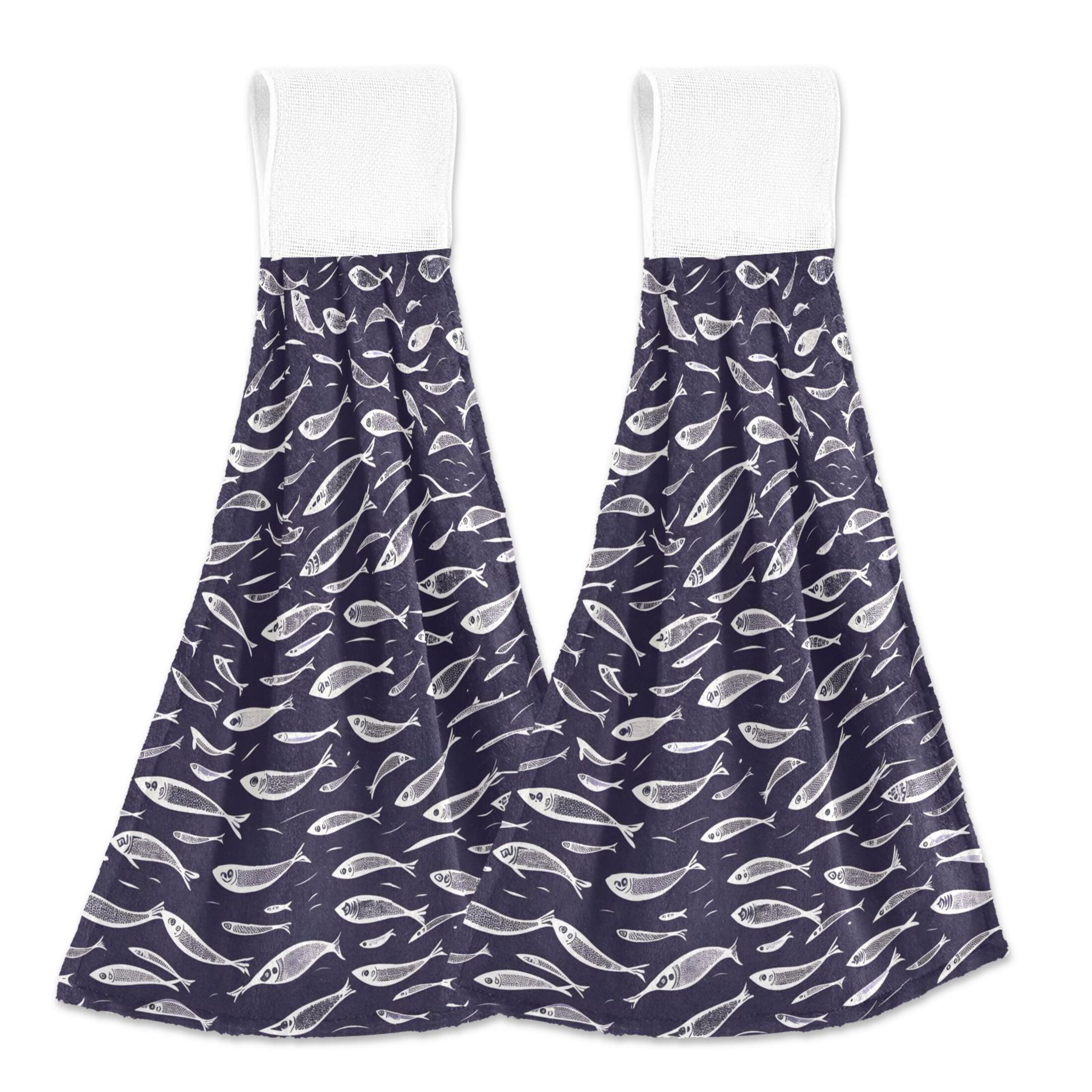 2 Pcs Flock Of Swimming Fish Kitchen Hand Towels with Hanging Loops ...
