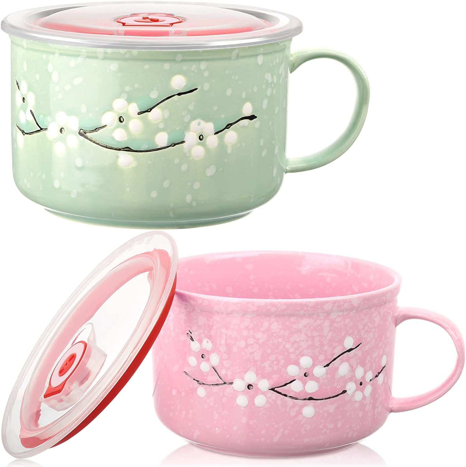 2 Pcs Floral Ceramic Bowl with Lid and Handle 30 oz Soup Bowls Heat Preservation Instant Noodles ...