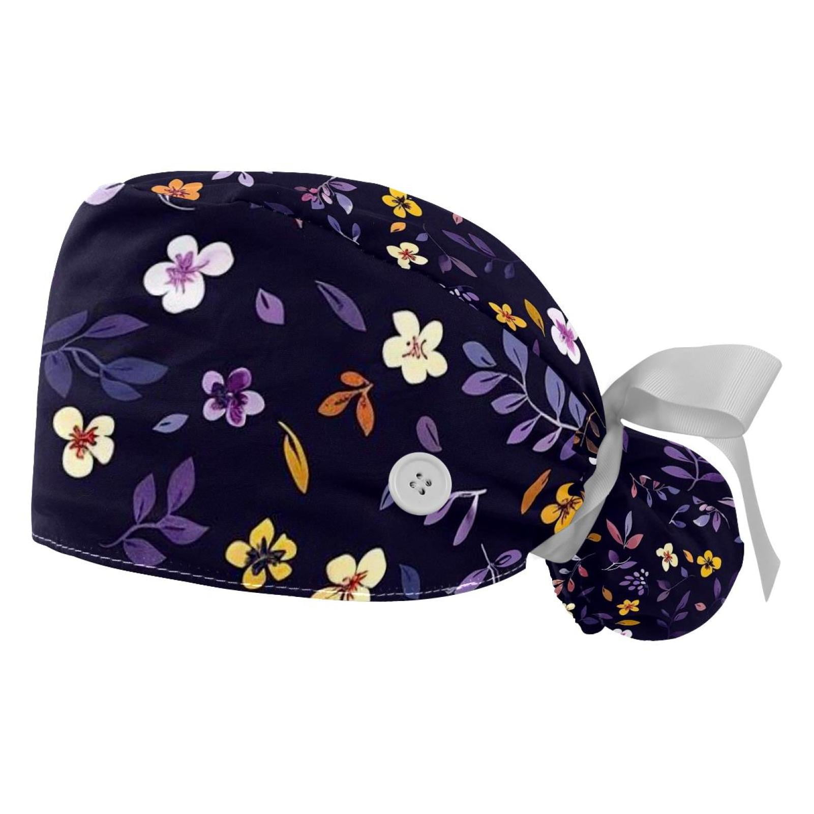 2 Pcs Floral Purple Pretty Scrub Caps Adjustable Women Nursing Cap with ...