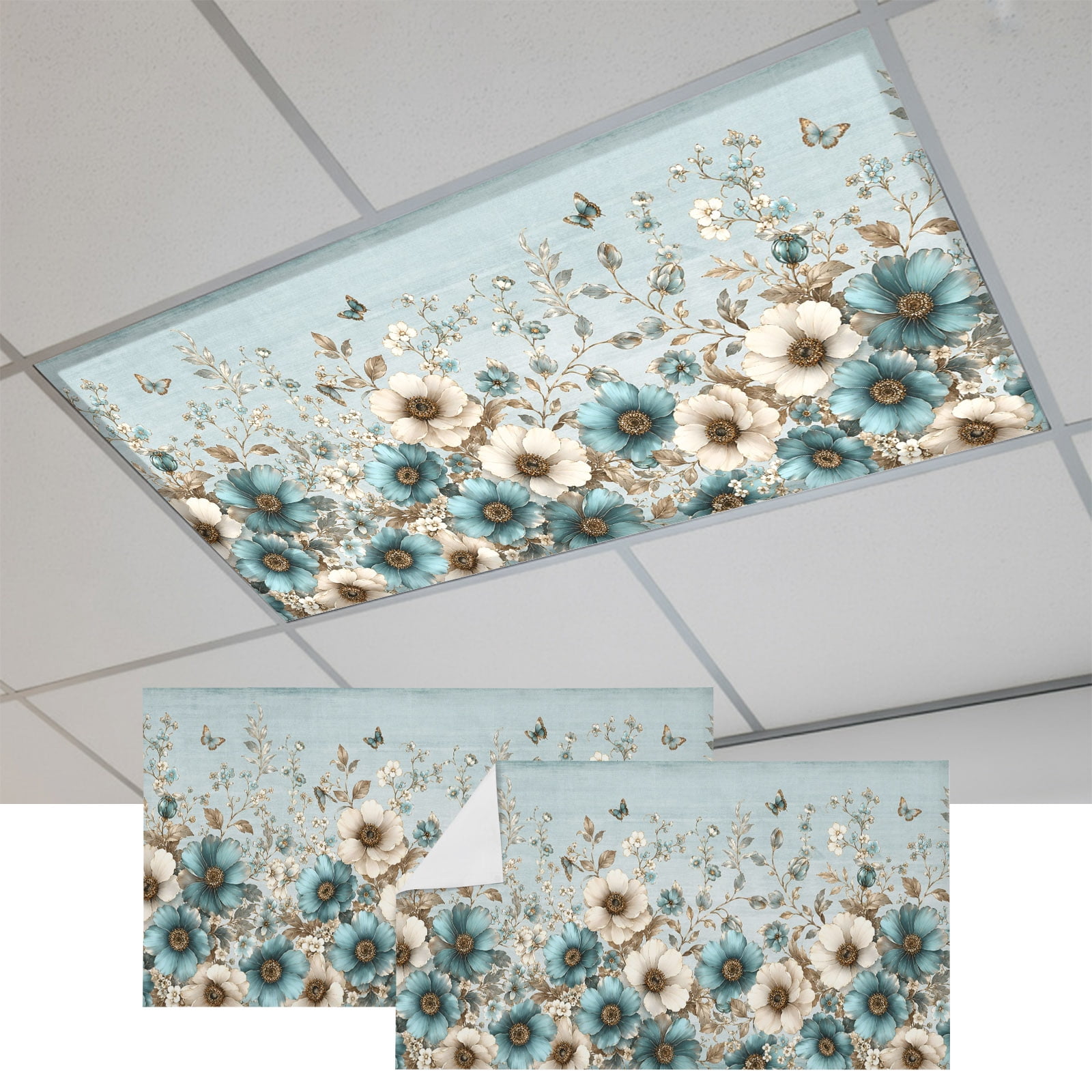 2 Pcs Flower Botanical Fluorescent Light Covers Teal Beige Floral Blue ...