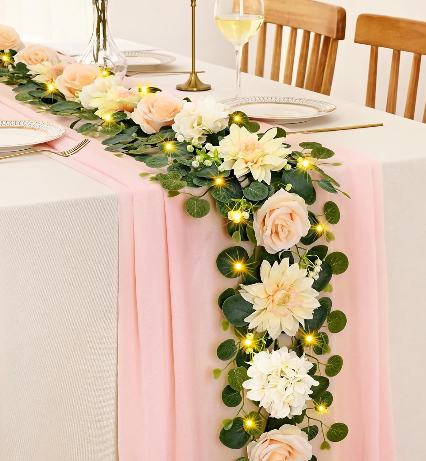 2 Pcs Flower Garland with Lights, 12 Ft Champagne Rose Floral Garland ...
