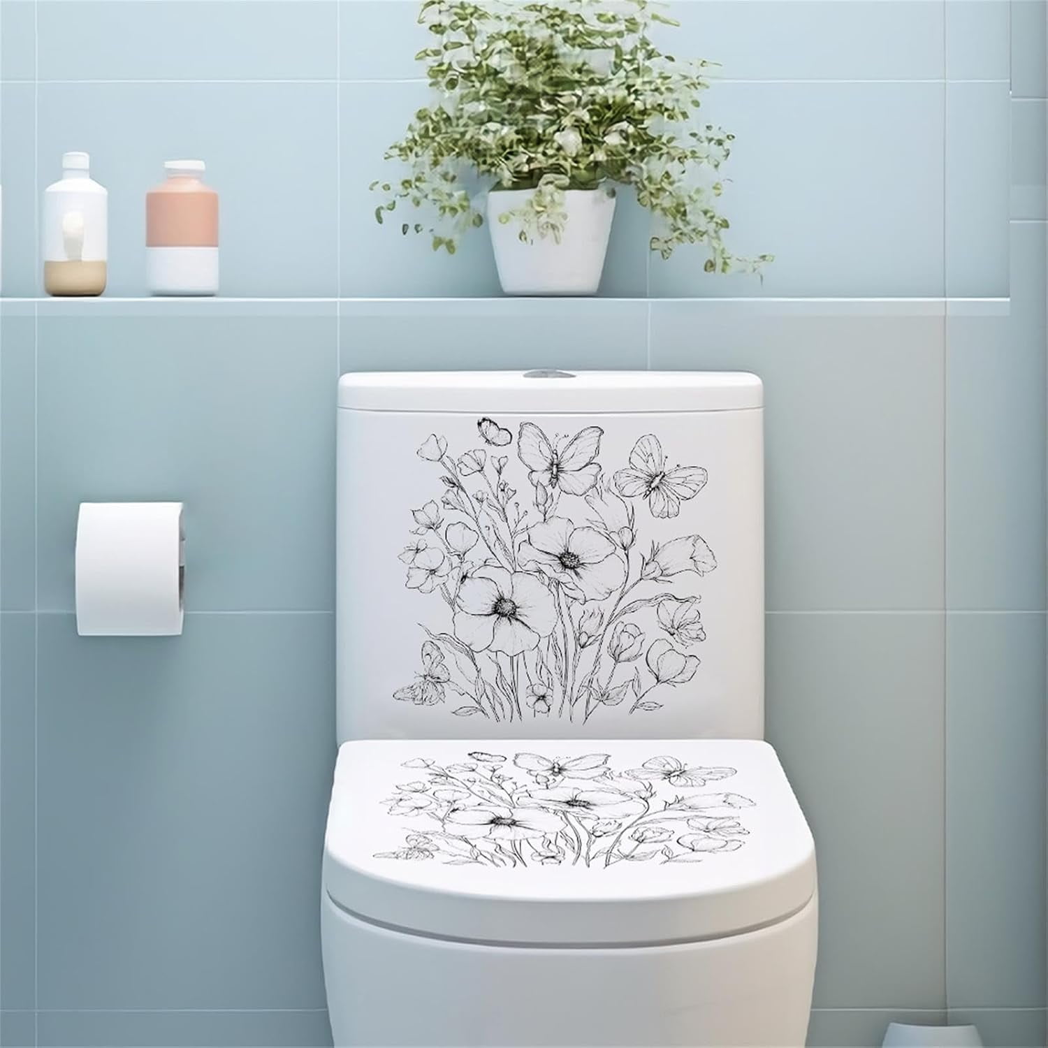 2 Pcs Flower Toilet Tank and Seat Lid Stickers Black Line Art Toilet ...
