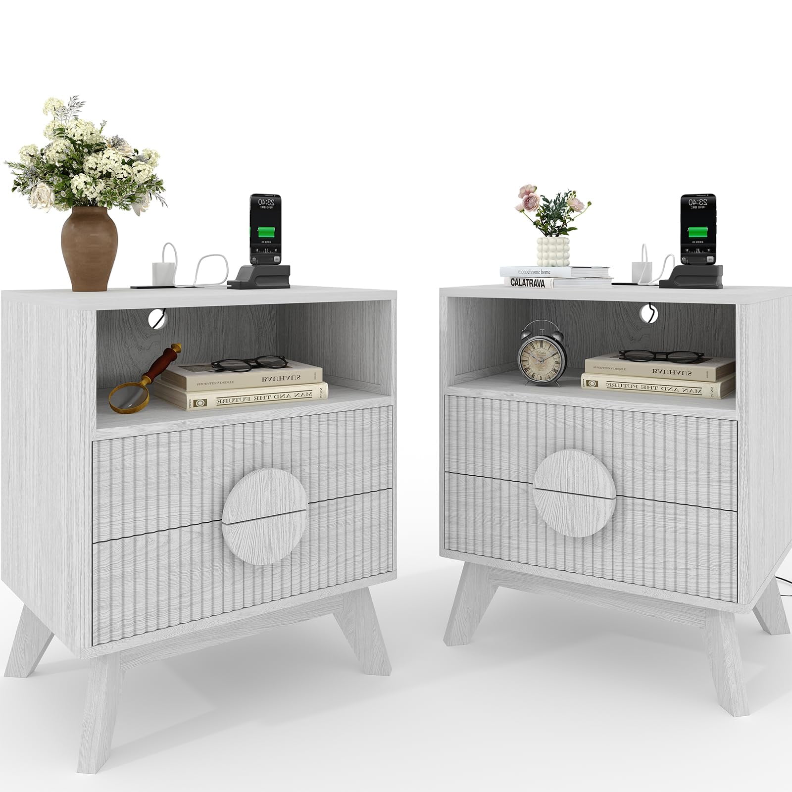 2 Pcs Fluted Night Stand Set with Charging Station, End Table with 2 ...
