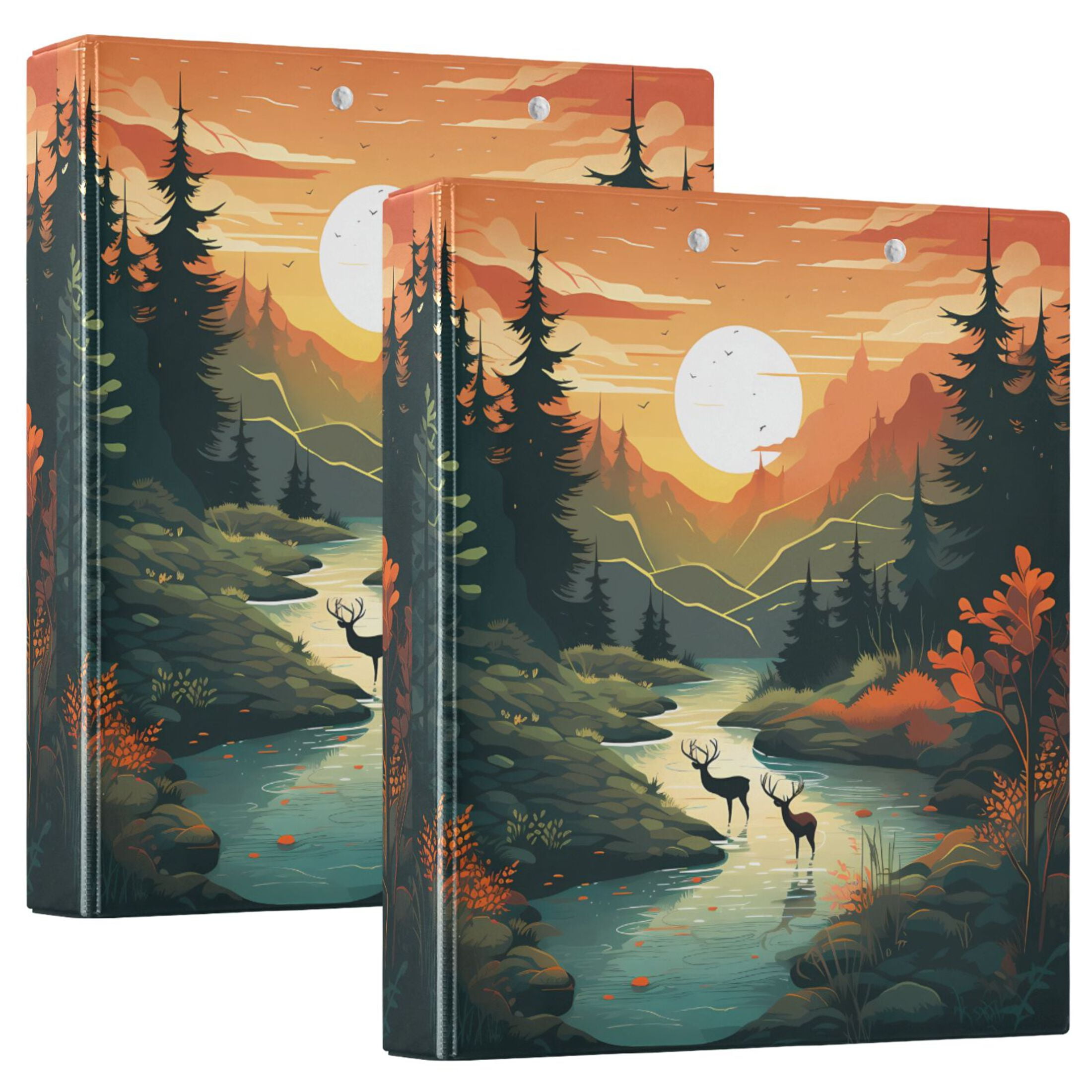 2 Pcs Forest Deer Sunset Hardcover 3 Ring Binder 1.5” Round Rings ...