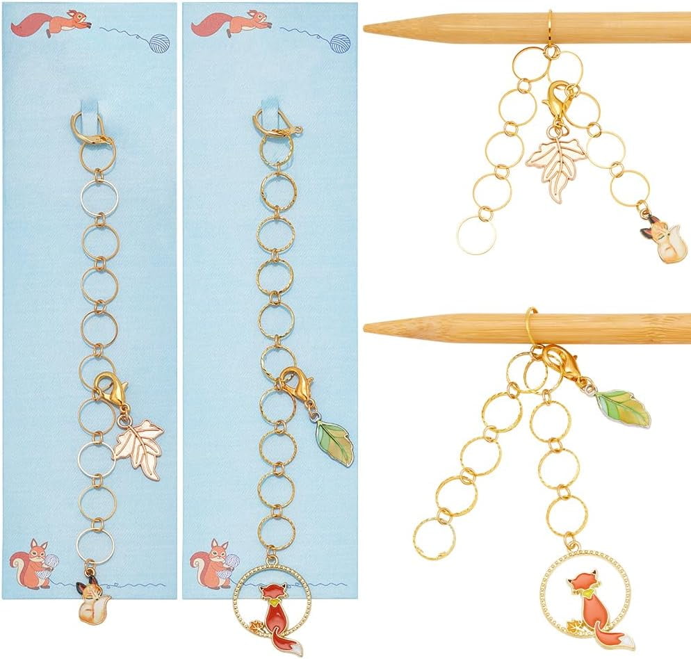 2 Pcs Fox Knitting Row Counter Chains 2 Pcs Leaf Stitch Markers Row ...