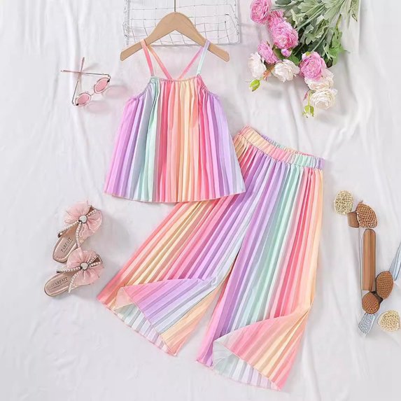 2 Pcs Girl's Outfits Rainbow Strap Crop Top and Wide Leg Pants Sets ...