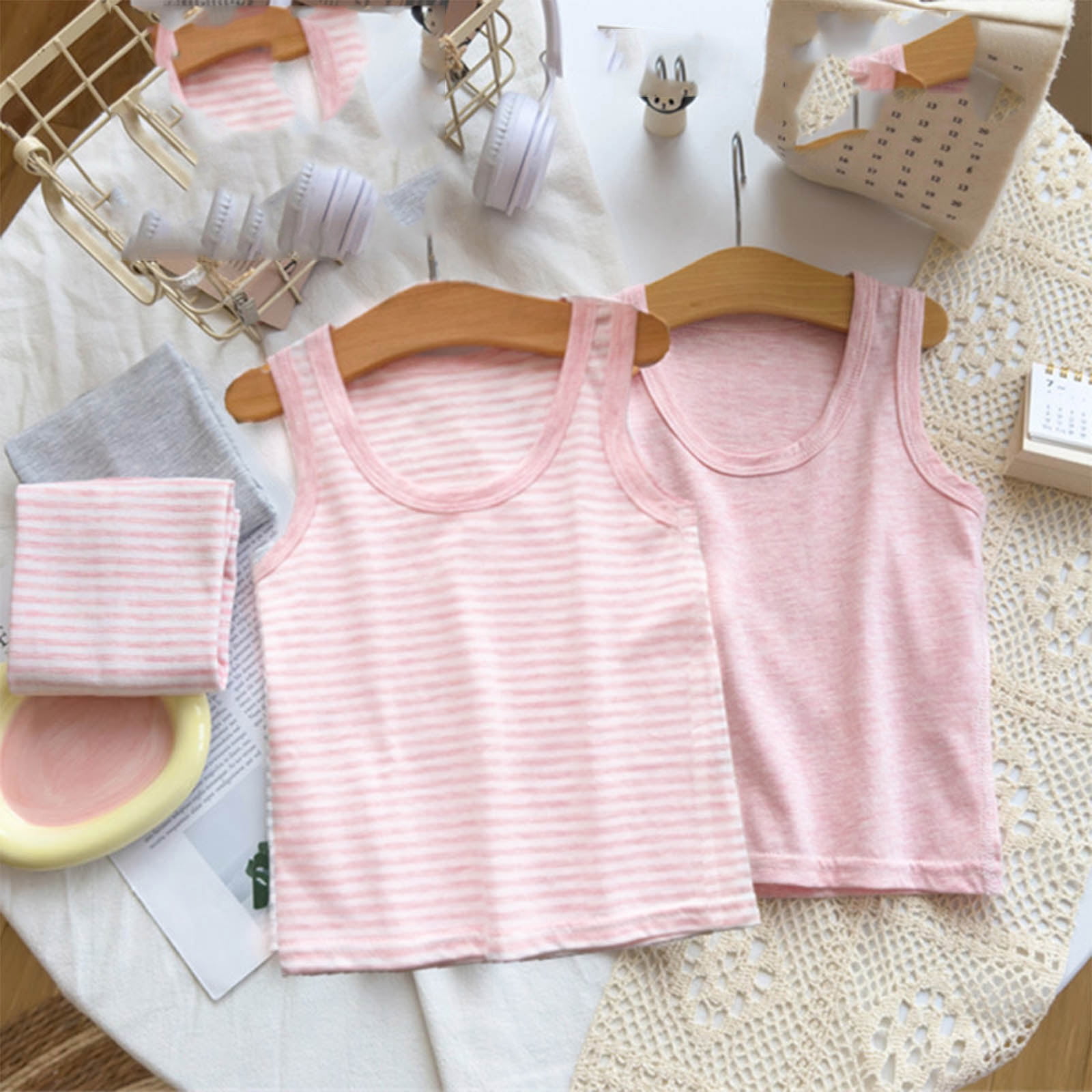 2 Pcs Girls Athletic Tank Tops Striped Plain U Neck Tanks Comfy Basic ...