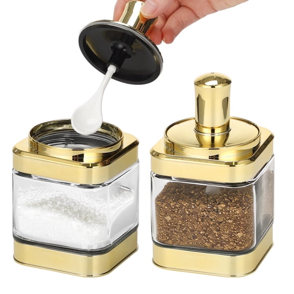 2 Pcs Glass Condiment Pot with Spoon and Lid, Gold Seasoning Pot Set ...