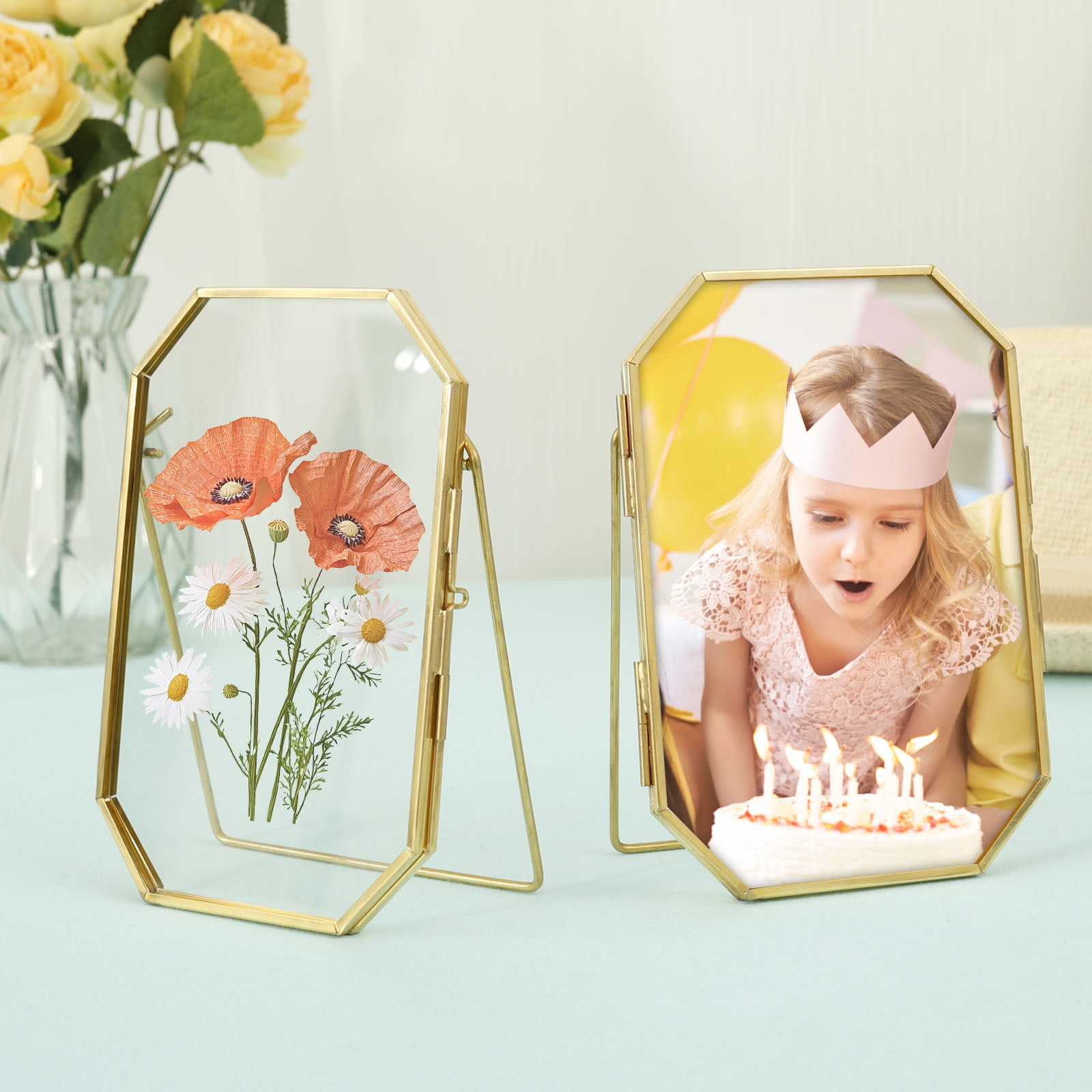 2 Pcs Glass Pressed Flower Frame Handmade, Metal Floating Picture Frame ...