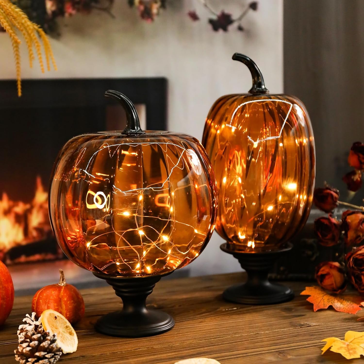 2 Pcs Glass Pumpkin Lights with Pedestal Fall Decor Pumpkins Decoration ...