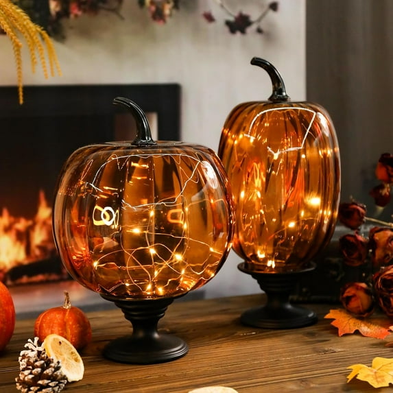 2 Pcs Glass Pumpkin Lights with Pedestal Fall Decor Pumpkins Decoration ...