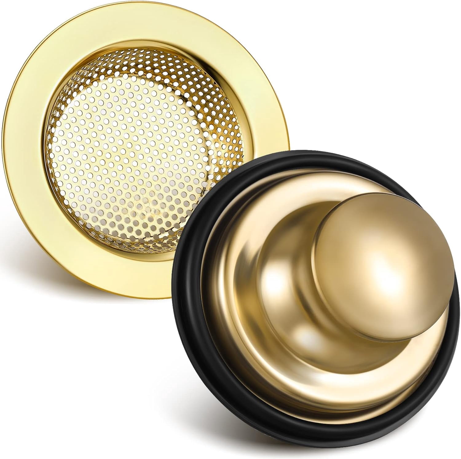 2 Pcs Gold Kitchen Sink Strainer and Stopper Set 4.5" Stainless Steel ...
