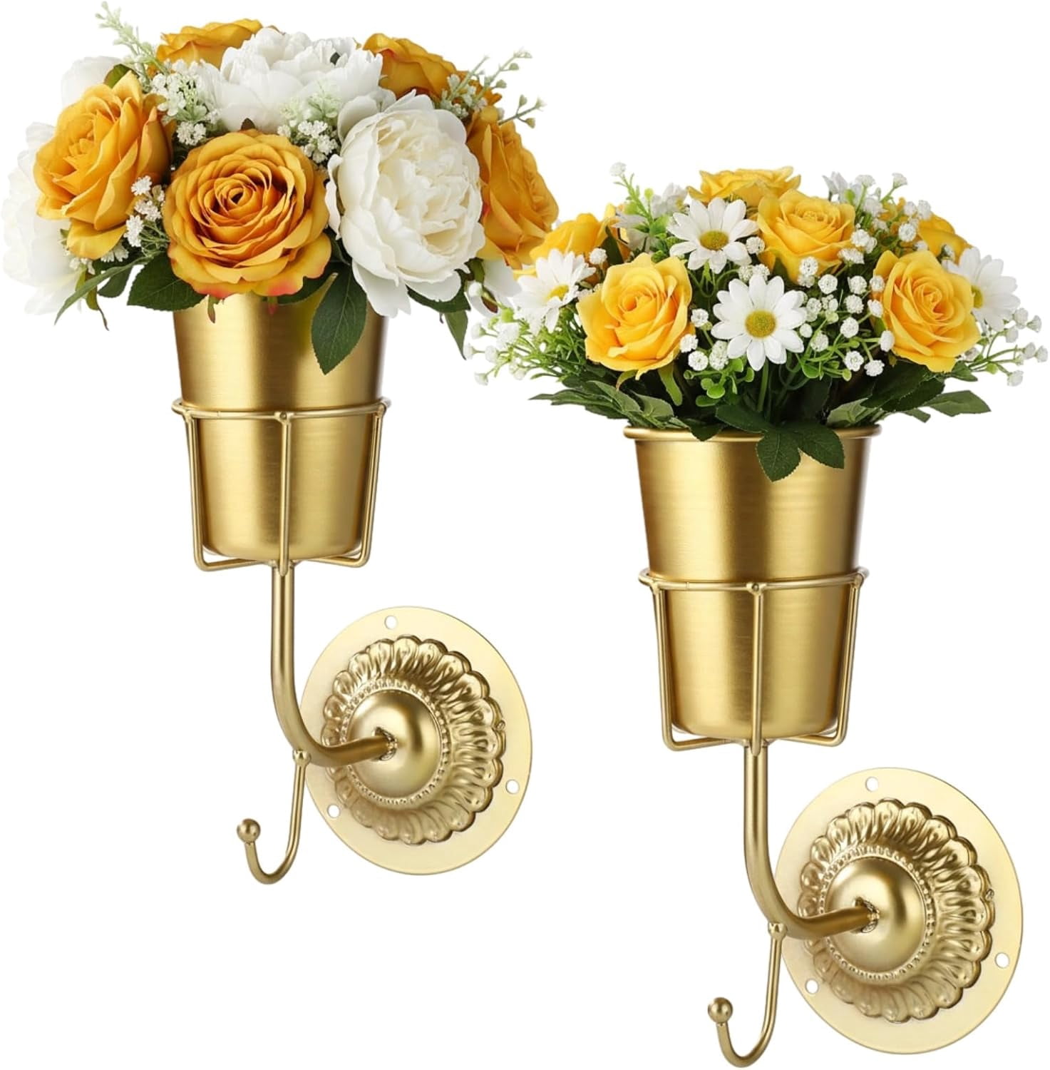 2 Pcs Gold Wall Vases, Vintage Plant Holders with Hook, Wall Mounted ...