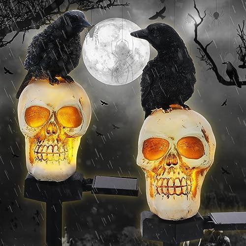 2 Pcs Halloween Garden Decor Solar Skull Lights with Black Crow on ...