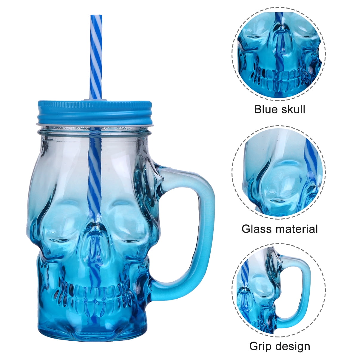 2Pcs 500ML Glass Tumblers with Straw and Clear Lid Skull Jar Cups ...