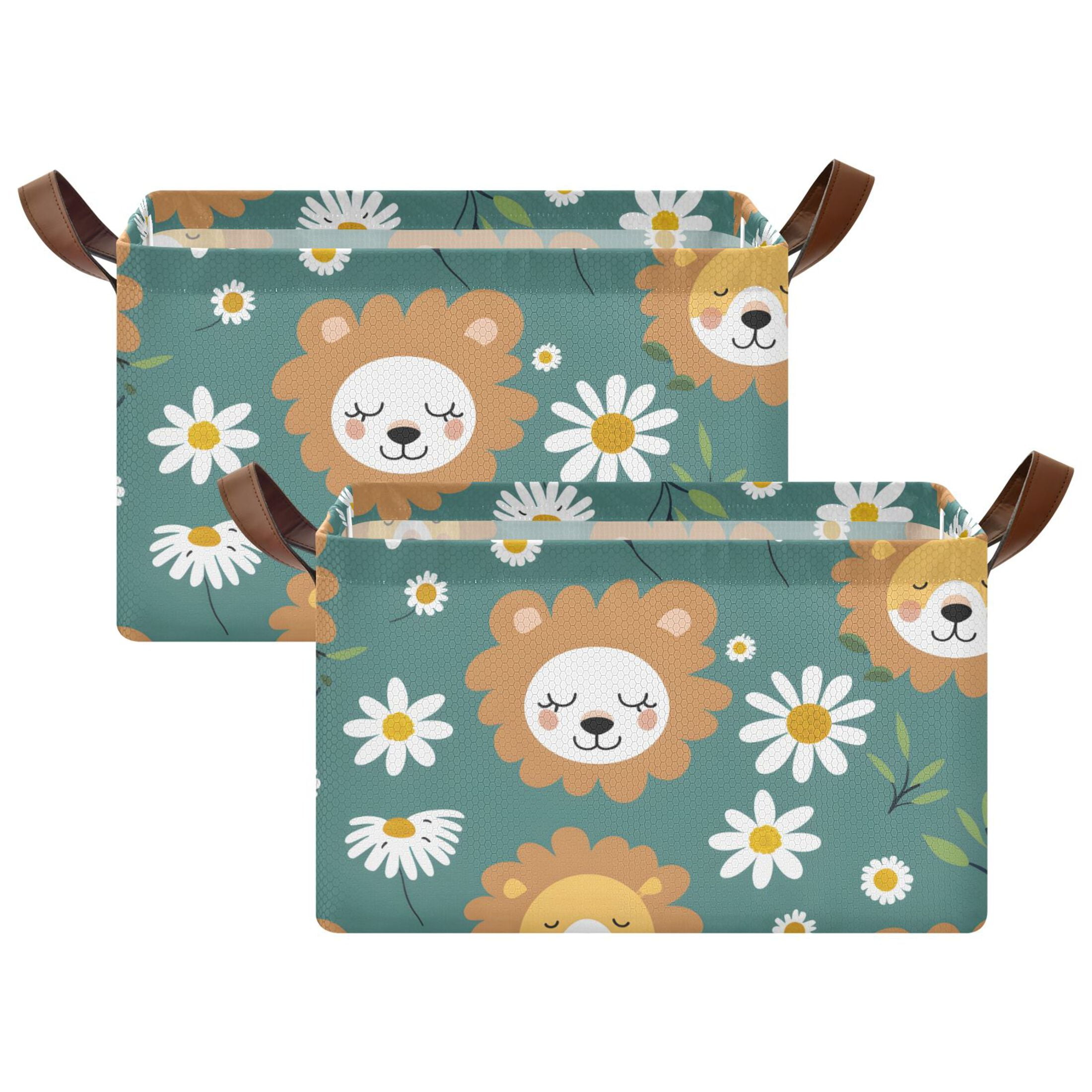 2 Pcs Hand Drawn Lion Face and Daisy Collapsible Storage Bins Fabric ...