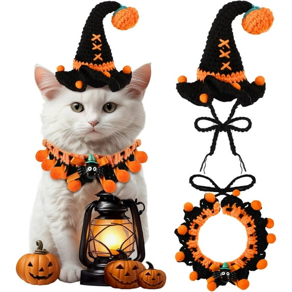2 Pcs Hand-Knit Halloween Pet Costumes with Cute Spider Bib and Witch ...