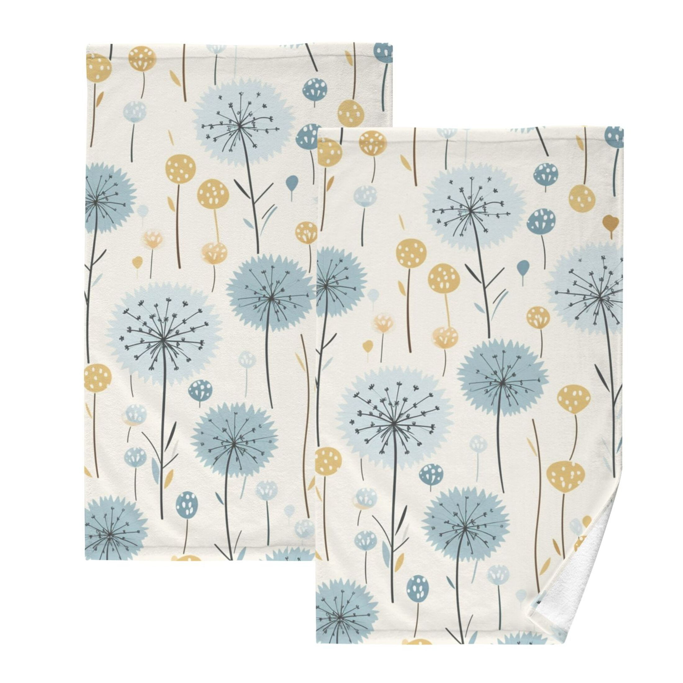2 Pcs Hand Towel Set Blue and Yellow Dandelion Cotton Absorbent Soft ...