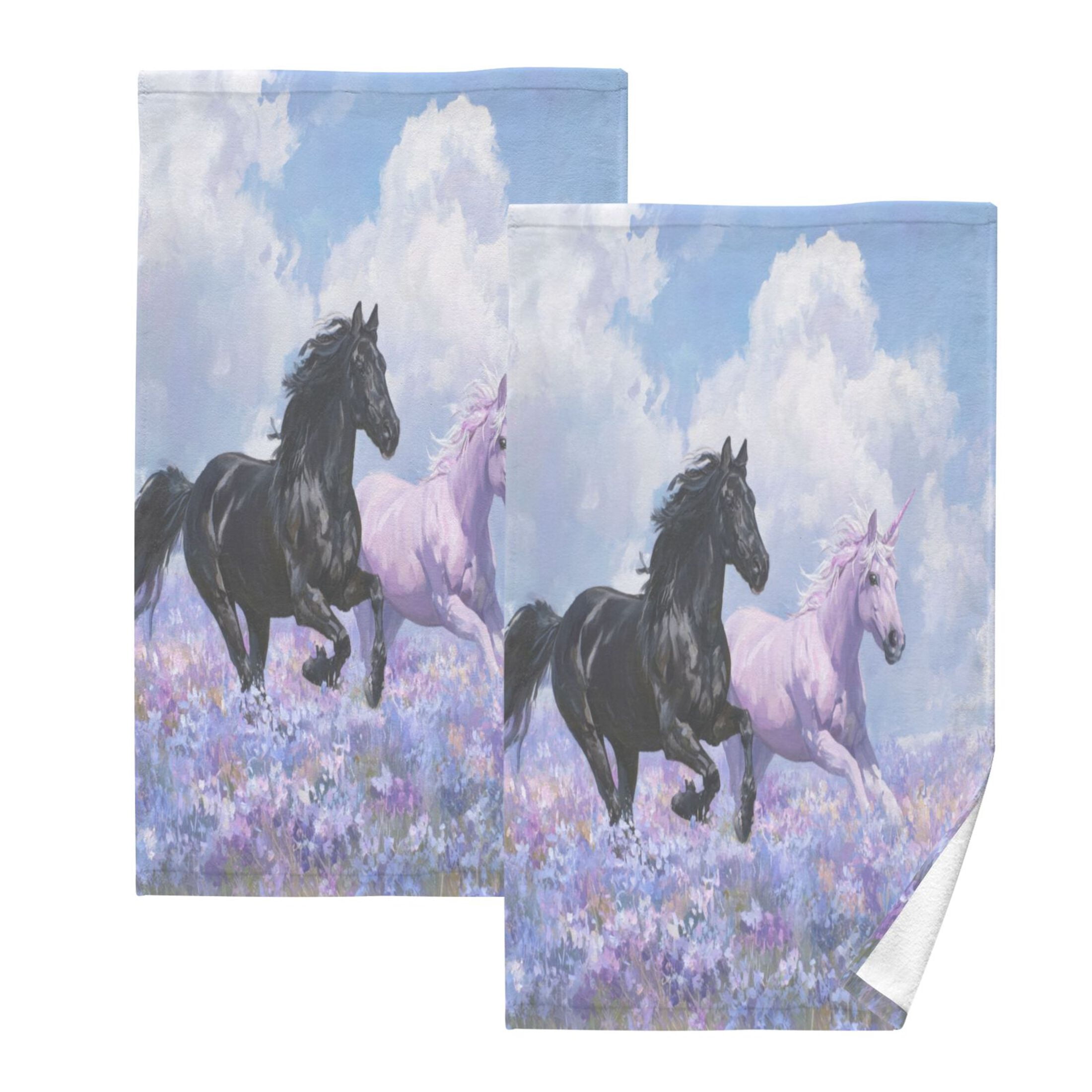2 Pcs Hand Towels Sets Black Horse and Pink Unicorn Cotton Towel Set ...