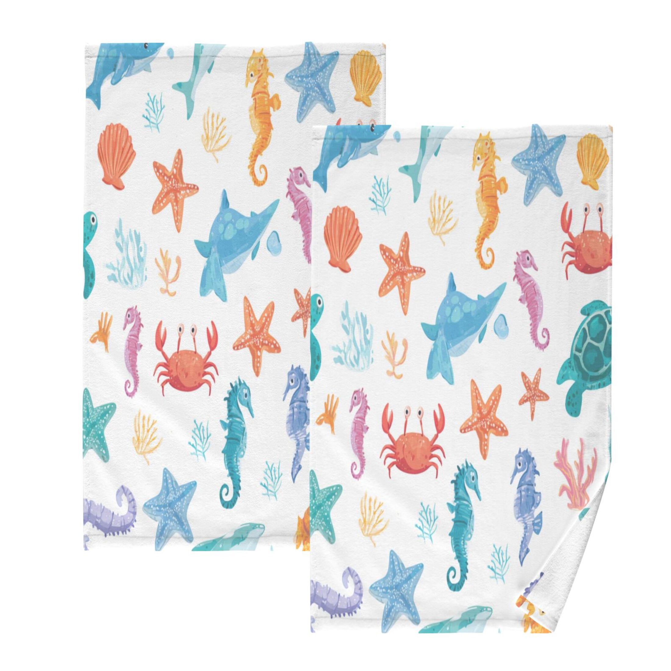 2 Pcs Hand Towels Sets Playful Sea Animals Pattern Cotton Towel Set ...
