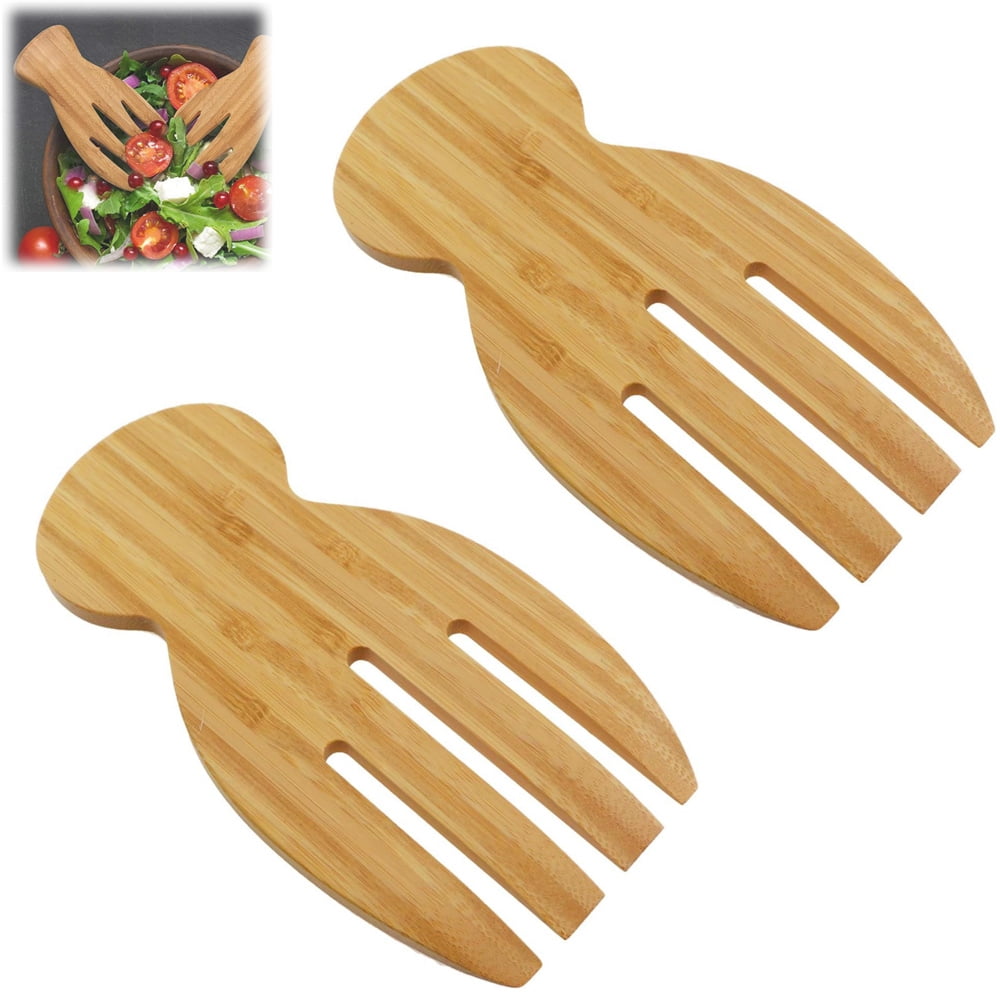 2 Pcs Handmade Bamboo Salad Forks,Natural Wood Salad Hands,Natural ...