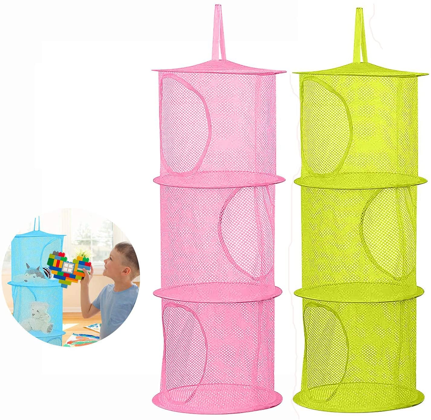 2 Pcs Hanging Mesh Toy Storage Hammock, Foldable, 3 Compartments for ...