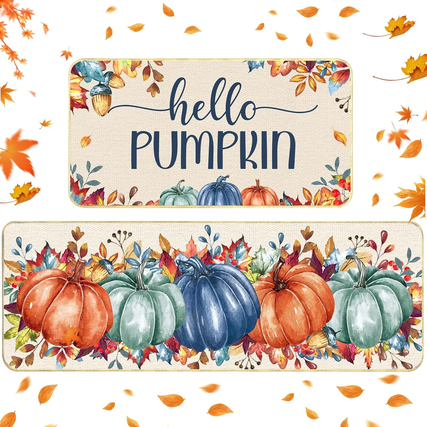 2 Pcs Hello Pumpkin Kitchen Mats Set, Nonslip Autumn Kitchen Rugs ...