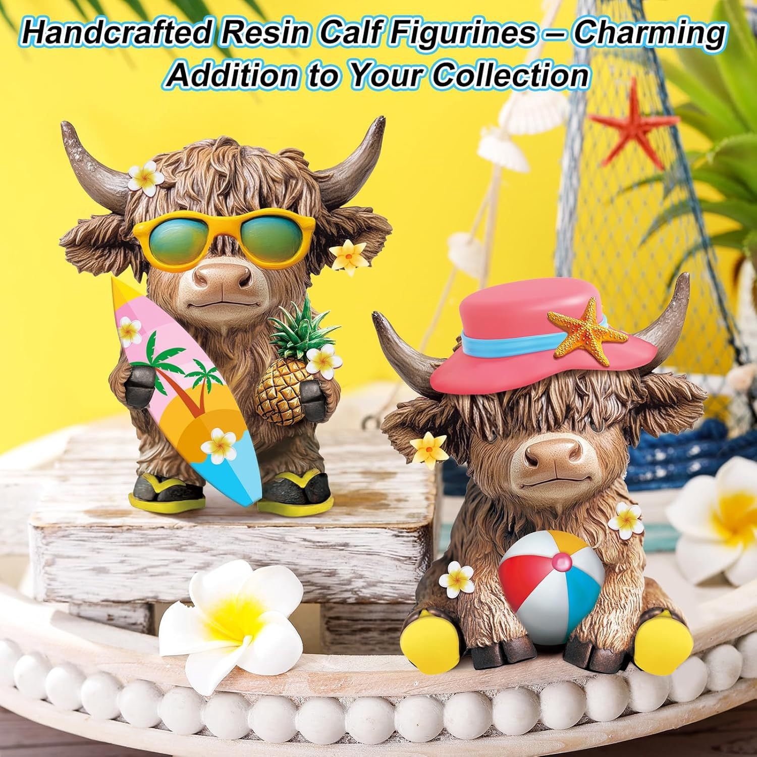 2 Pcs Highland Cow Figurines - Coastal Summer Decor Resin Statues ...