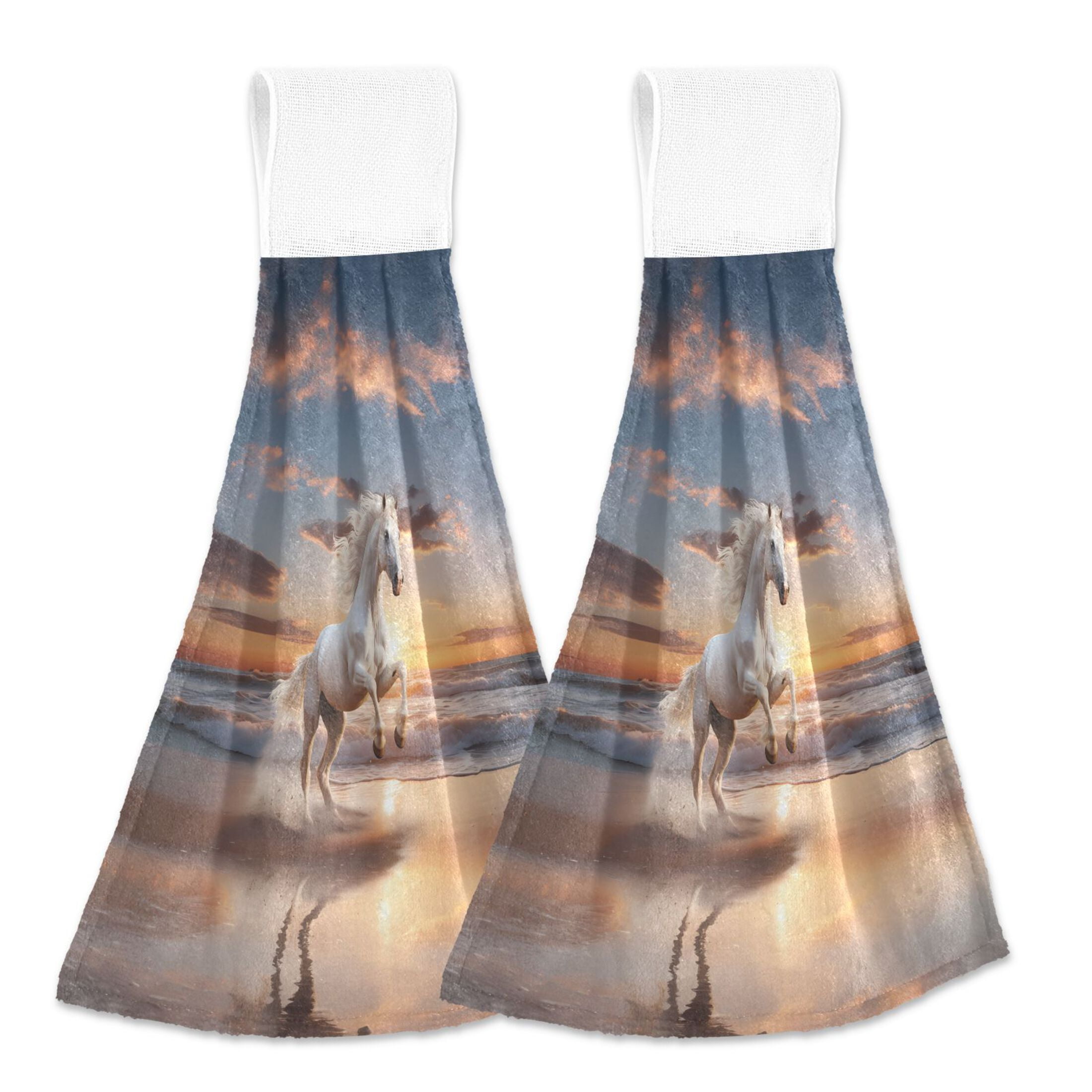 2 Pcs Horse Running on Beach Kitchen Hand Towels with Hanging Loops ...
