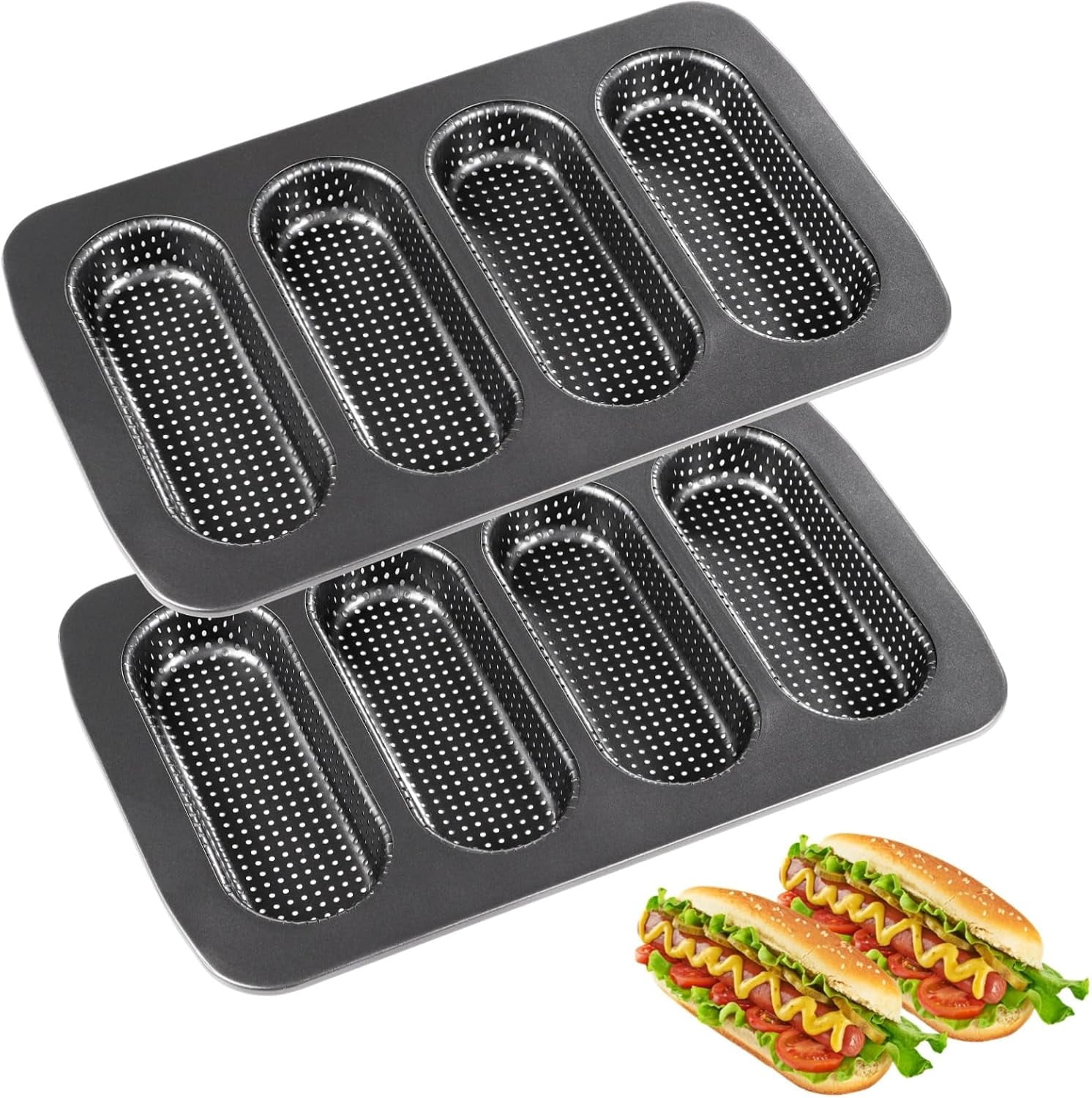 2 Pcs Hot Dog Bun Pans, Perforated Carbon Steel Non-Stick Molds For ...