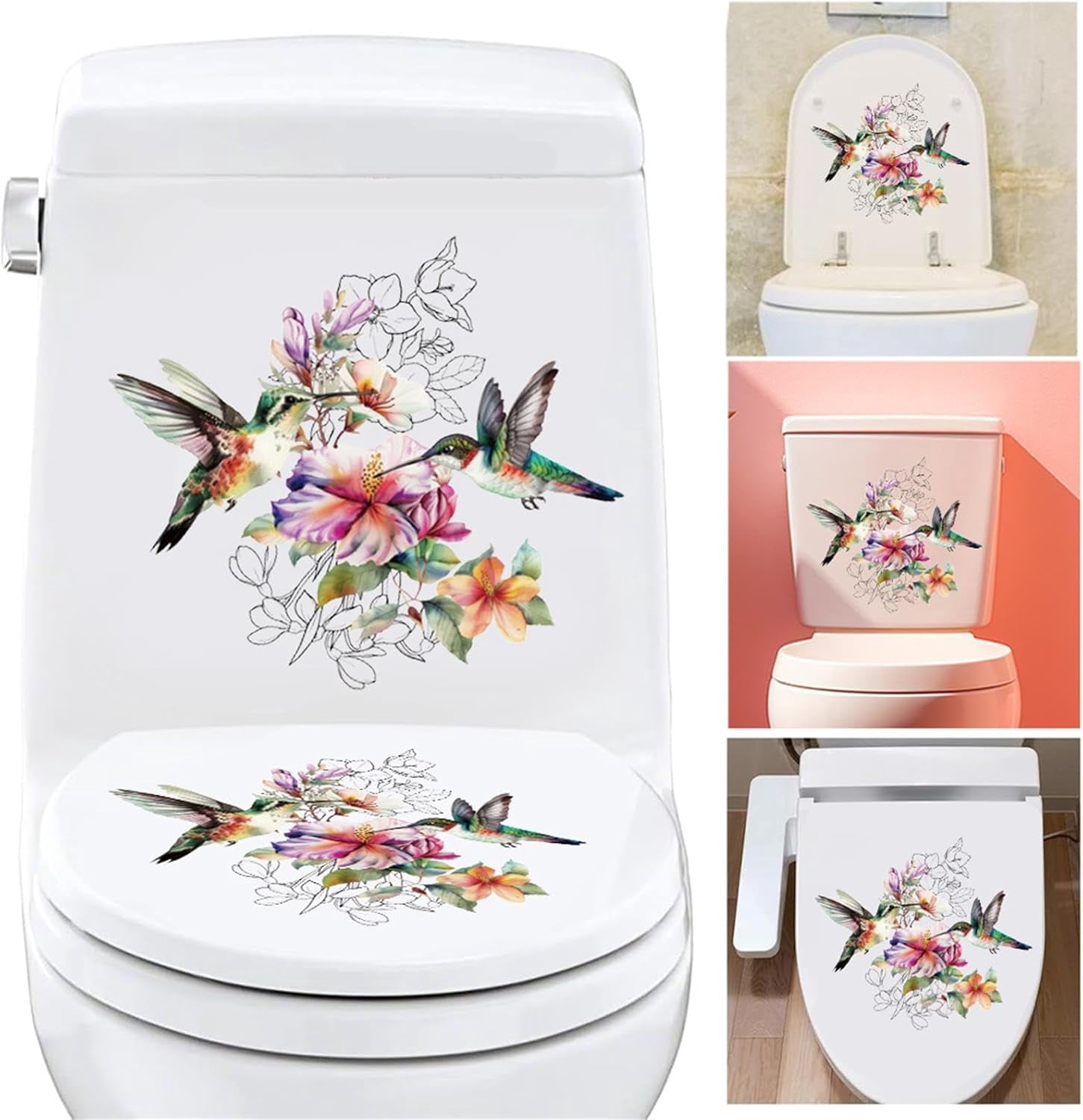 2 Pcs Hummingbird Line Art Toilet Seat Lid Stickers Colorful Flower ...
