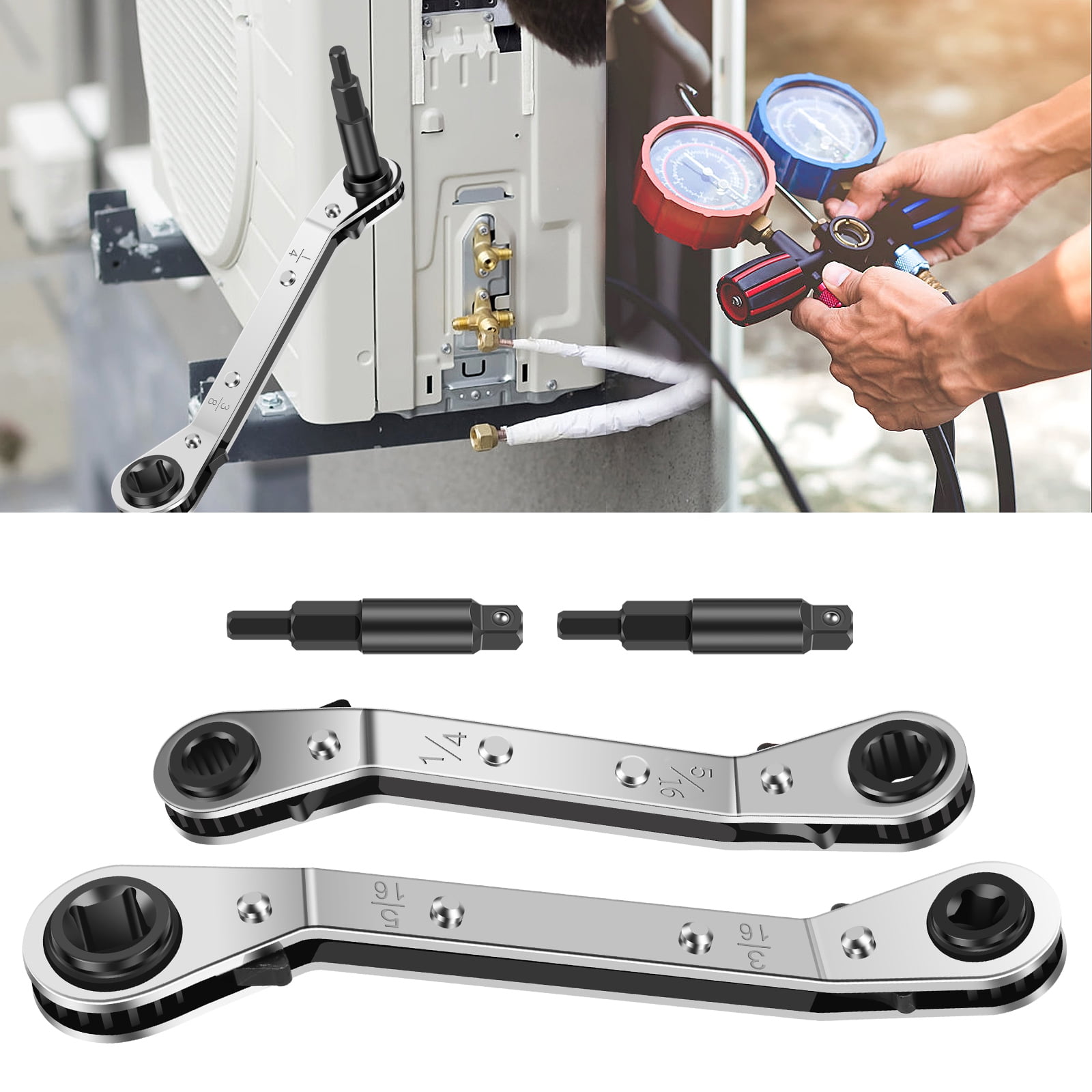2 Pcs Hvac Service Wrench Tools with 2 Hexagon Bit Adapter Kit ...
