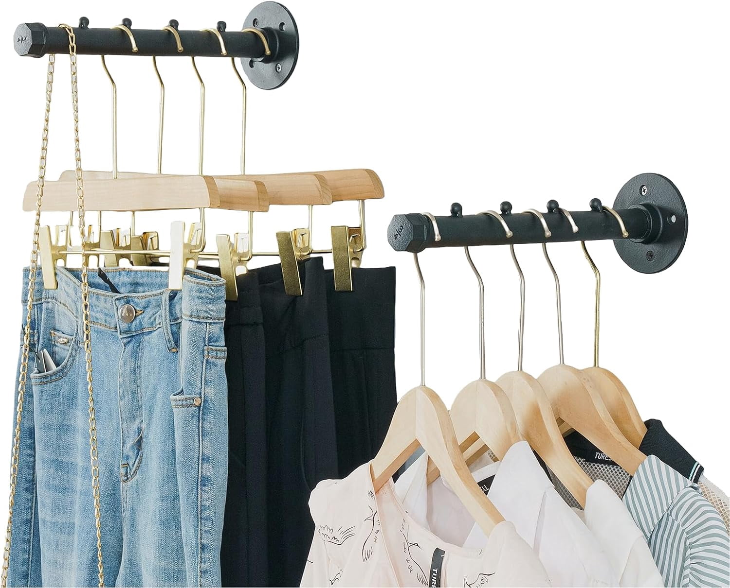 2 Pcs Industrial Pipe Clothing Bar,Wall Mount Clothes Rack for Hanging ...