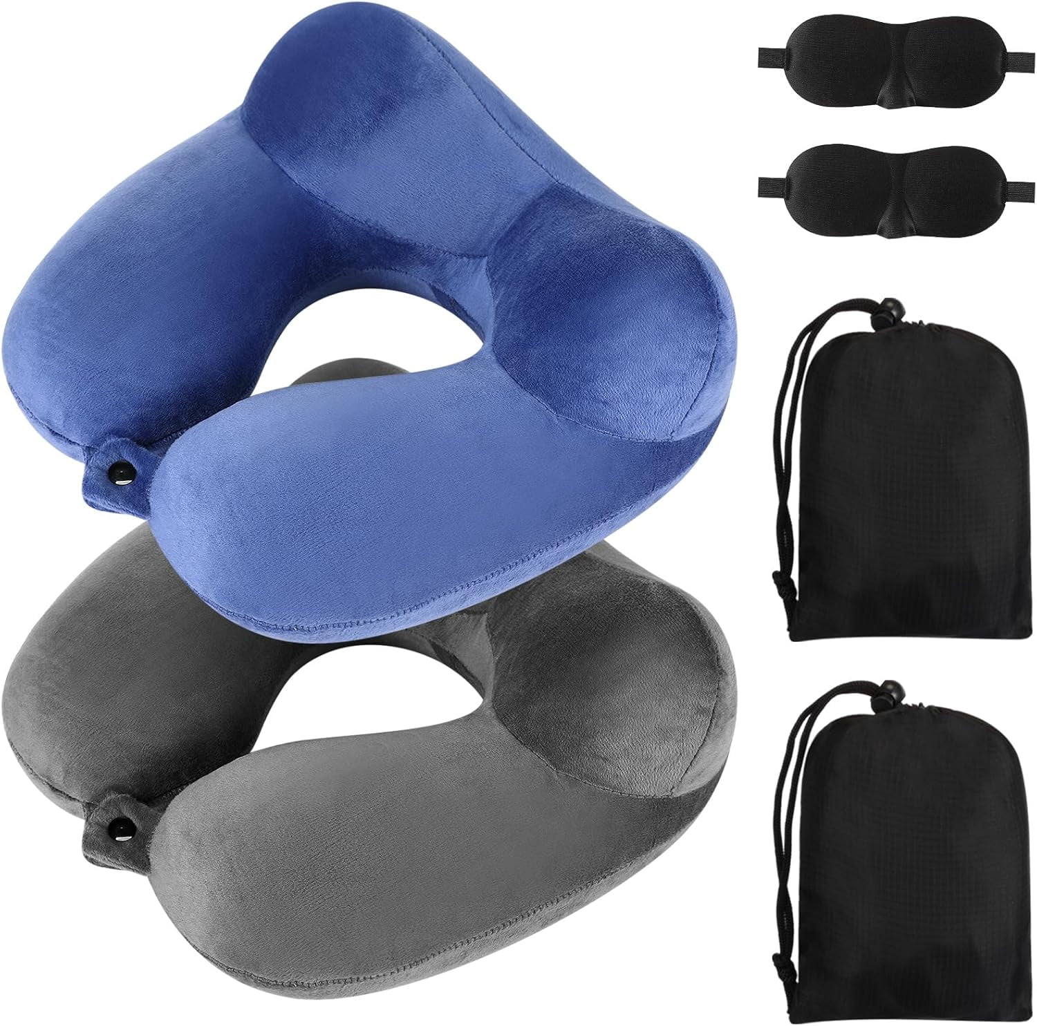 2 Pcs Inflatable Travel Pillow with Compact Bag and Blindfold Velvet ...