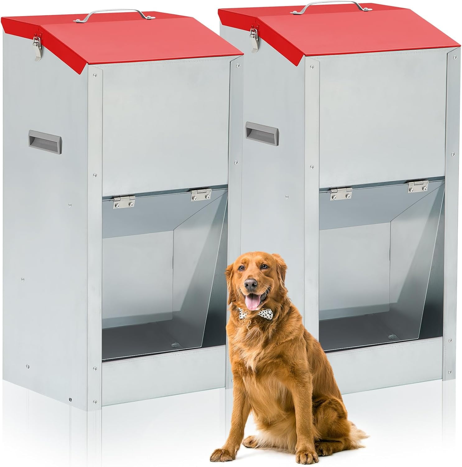 2 Pcs Large Automatic Dog Feeders with Handle Acrylic Panel Galvanized ...