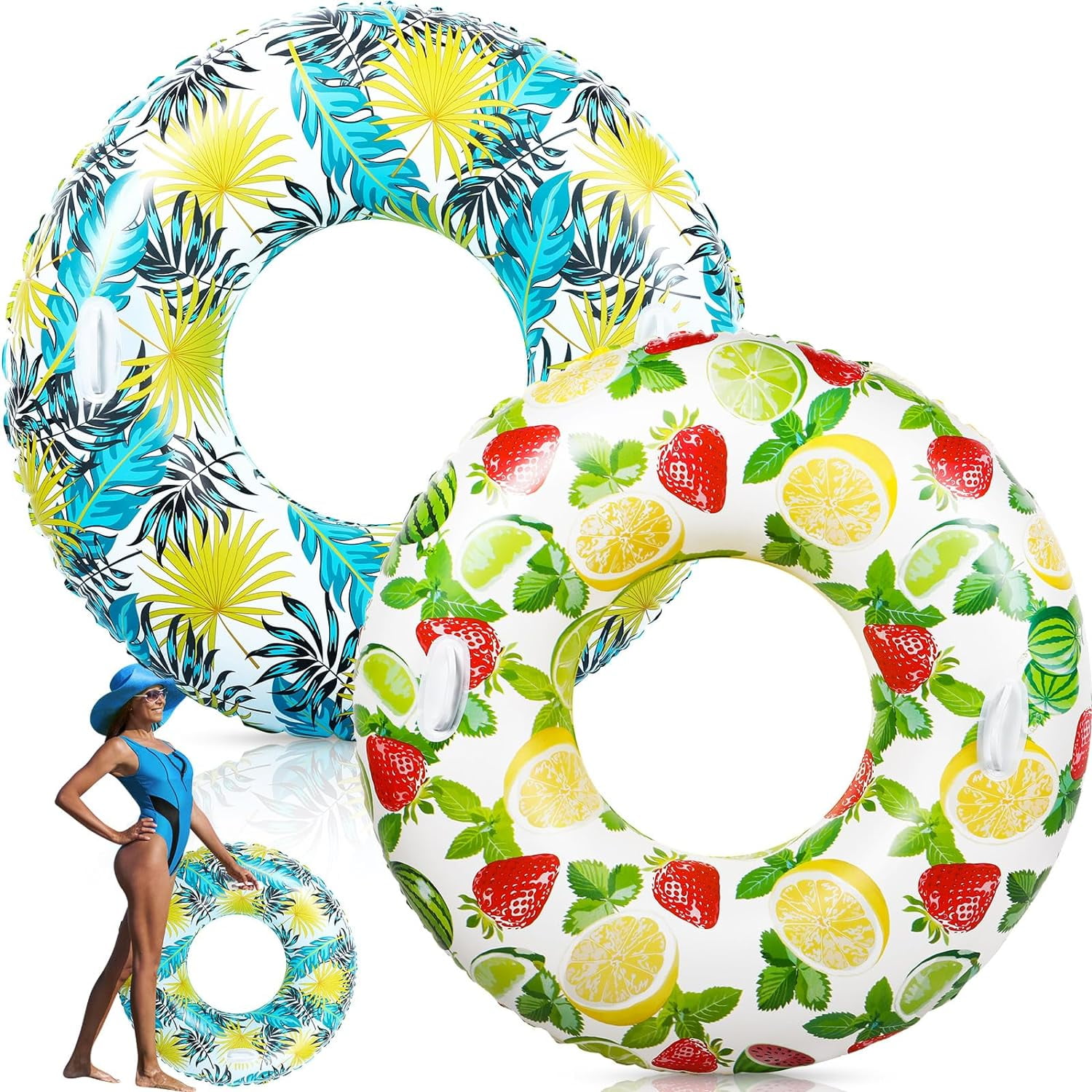 2 Pcs Large Swim Ring with Handles 47.24 Inch Inflatable Pool Floats ...