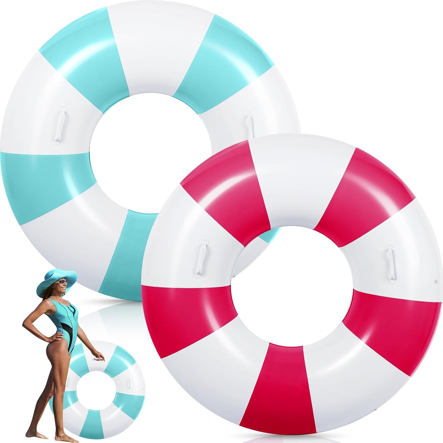 2 Pcs Large Swim Ring with Handles 47.24 Inch Inflatable Pool Floats ...