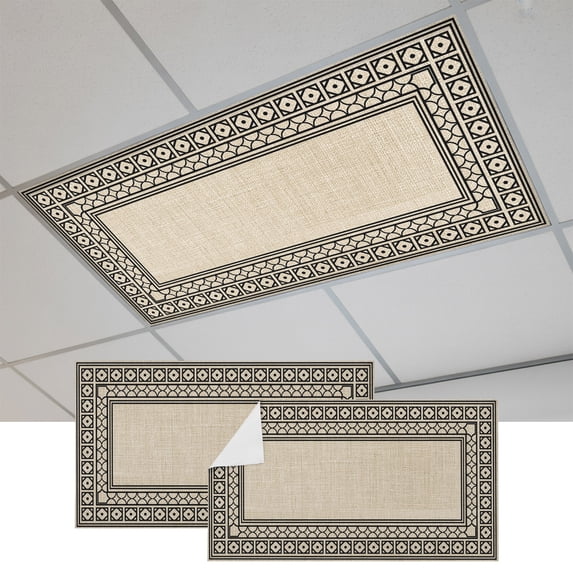 2 Pcs Linen Beige Fluorescent Light Covers Black Diamond Pattern Border ...