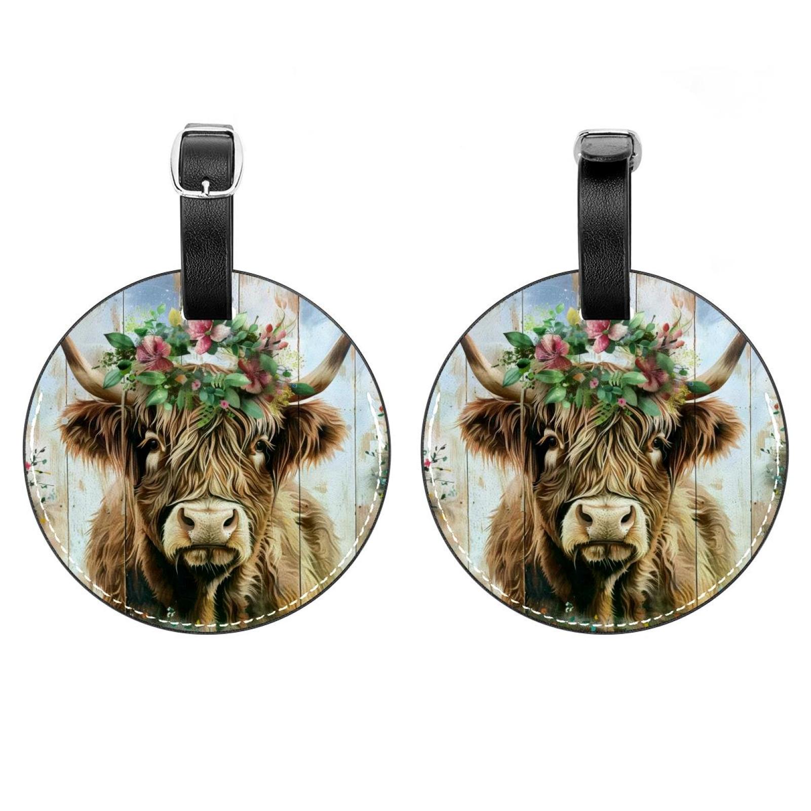 2 Pcs Luggage Tags, Farm Highland Cow with Wreath Privacy Cover ID ...