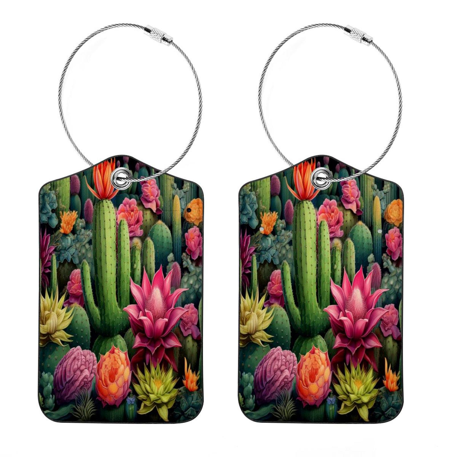 2 Pcs Luggage Tags, Flowering Green Cactus Prints PU Leather Luggage ...