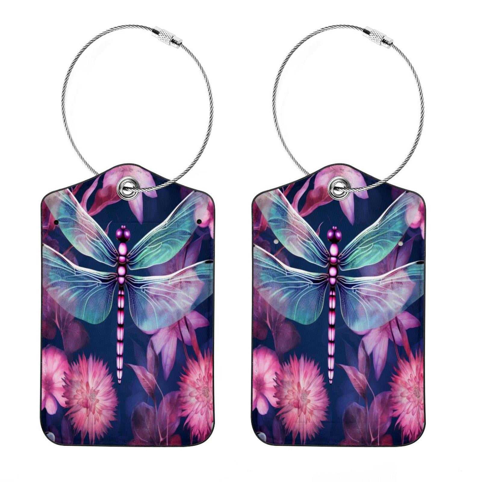 2 Pcs Luggage Tags, Tropical Dragonfly Flower Leave Prints PU Leather ...
