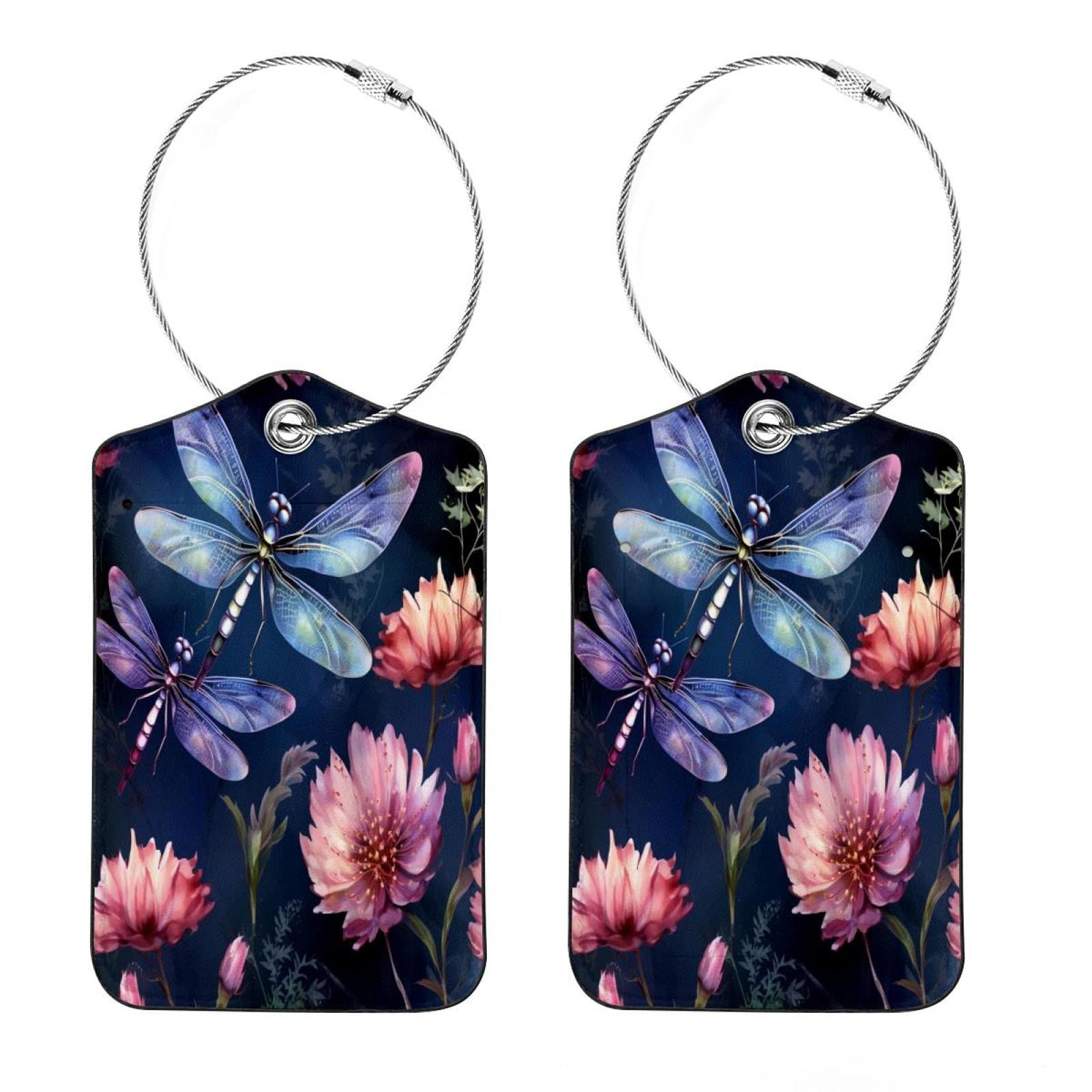 2 Pcs Luggage Tags, Tropical Dragonfly Flower Leave Prints PU Leather ...